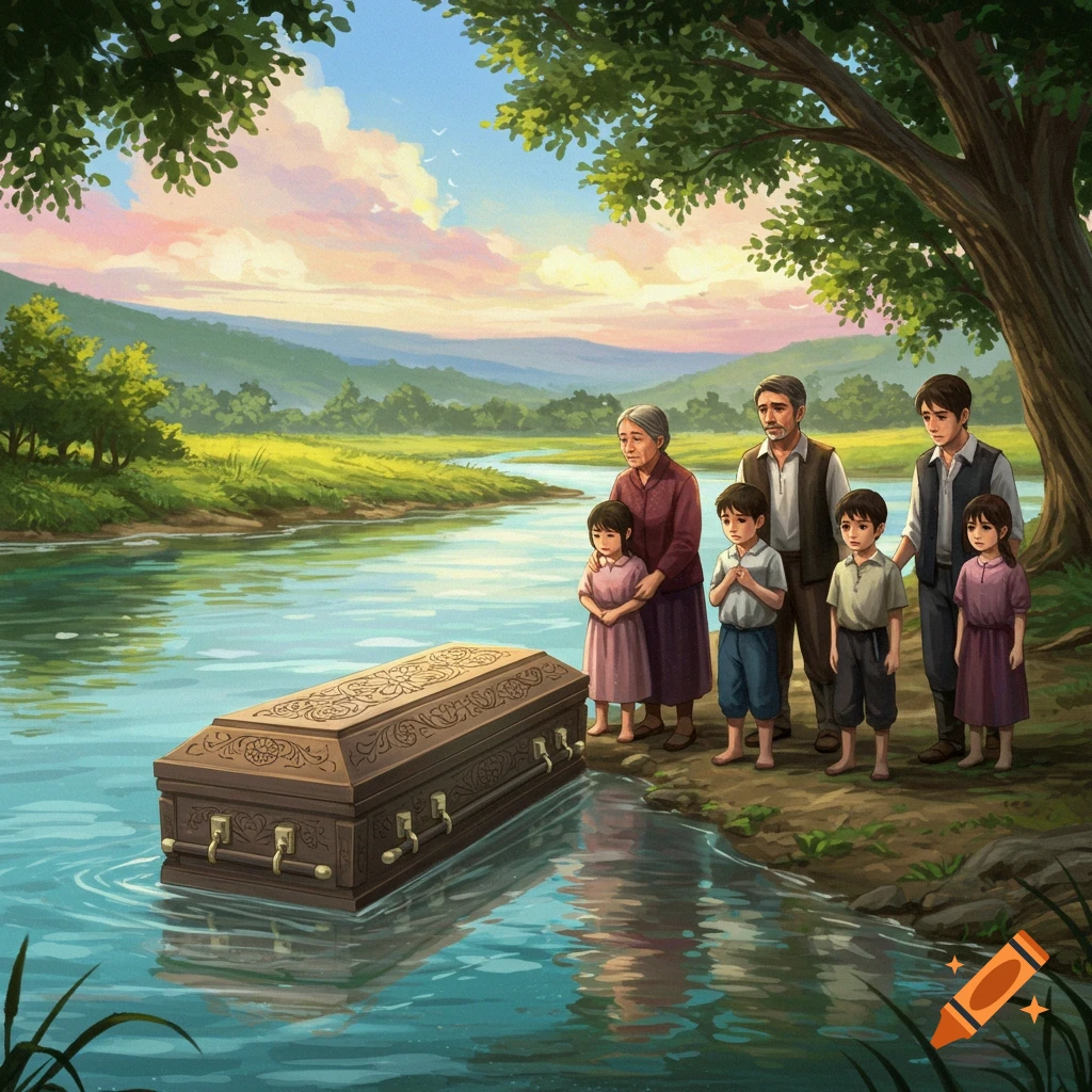 Illustrative scene of a family standing by a river watching a coffin ...