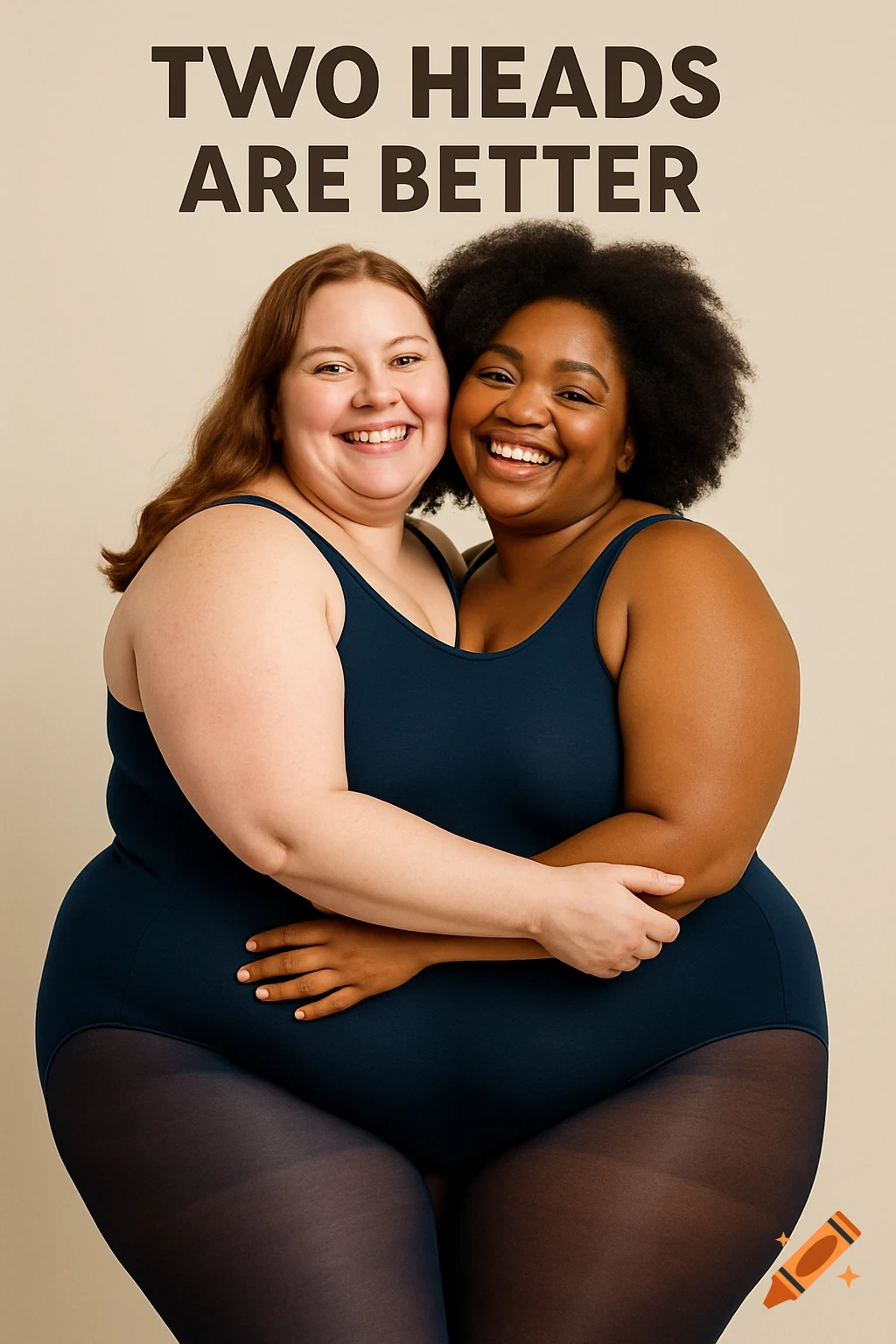 Two smiling women in leotards and tights hug, appearing joined at the ...