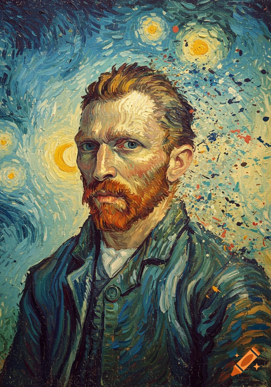 A painted portrait of a man in Van Gogh's style, melting into particles. on Craiyon