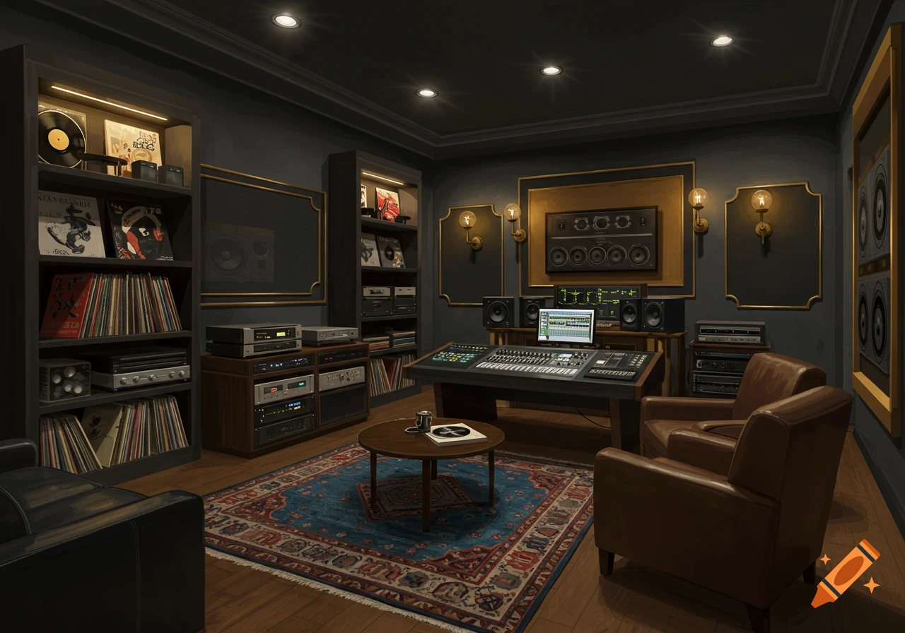 A detailed illustration of a home music room with audio equipment ...
