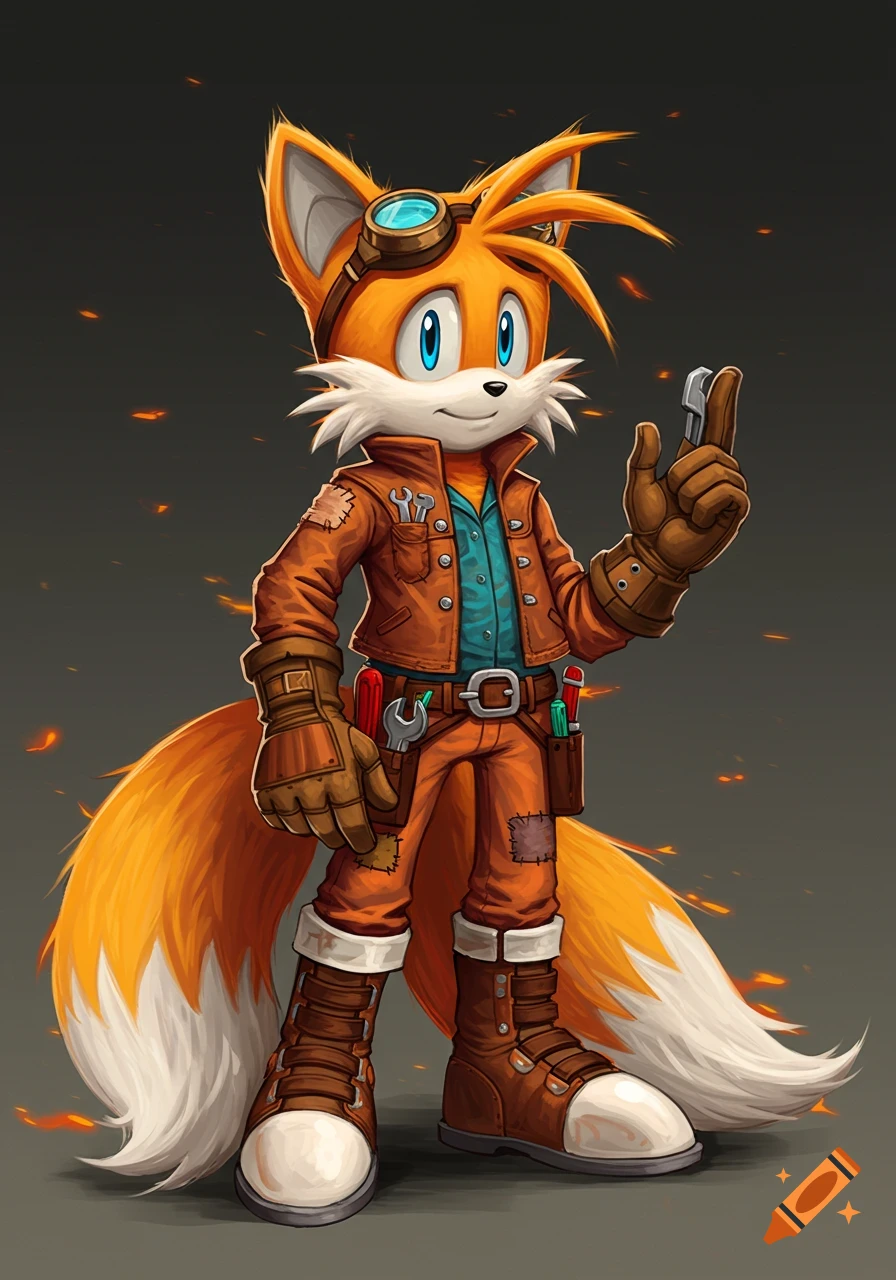 Tails from Sonic the Hedgehog in a mechanic/steampunk outfit holding a ...