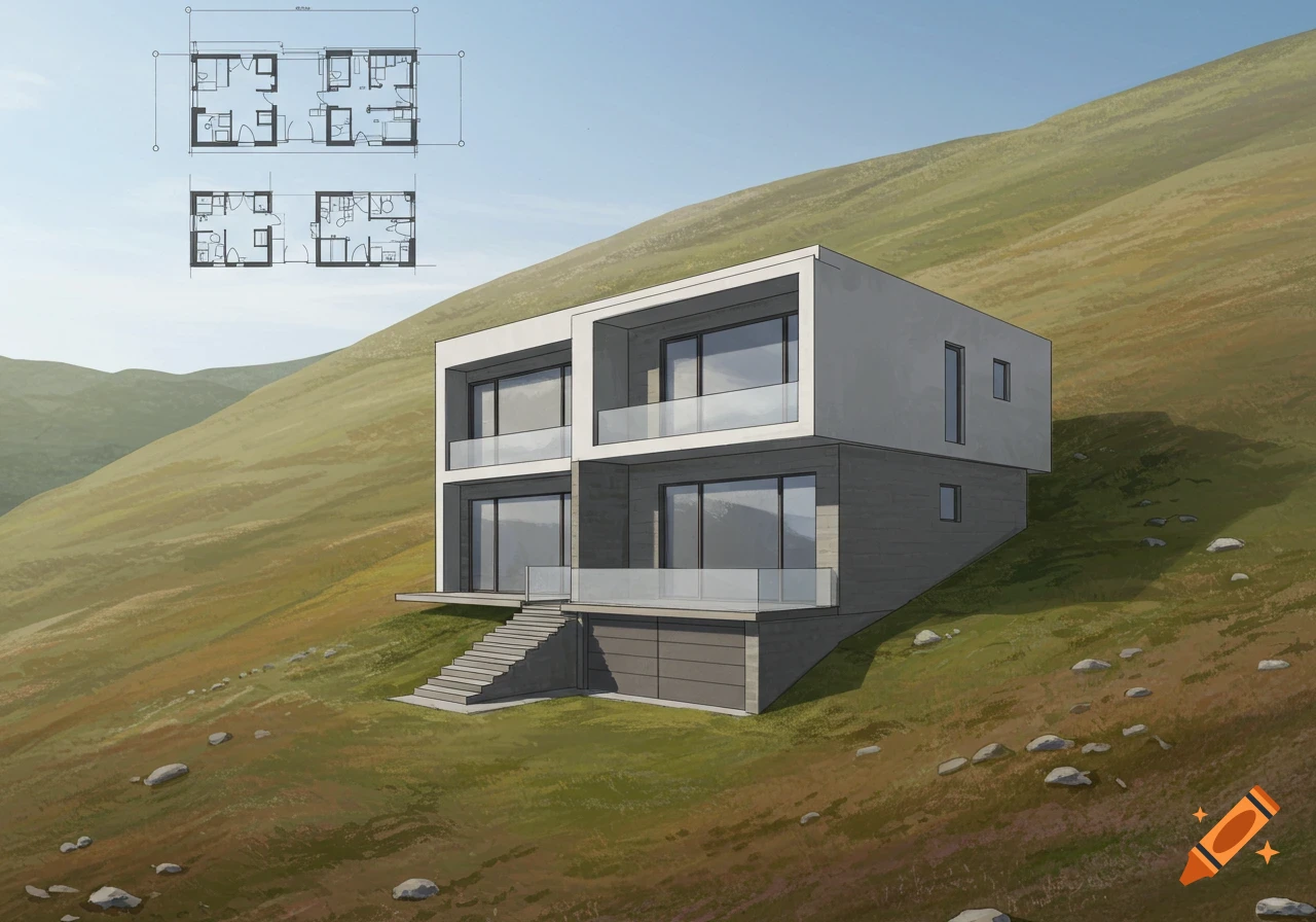 Modern two-story house illustration on a hillside with floor plans ...