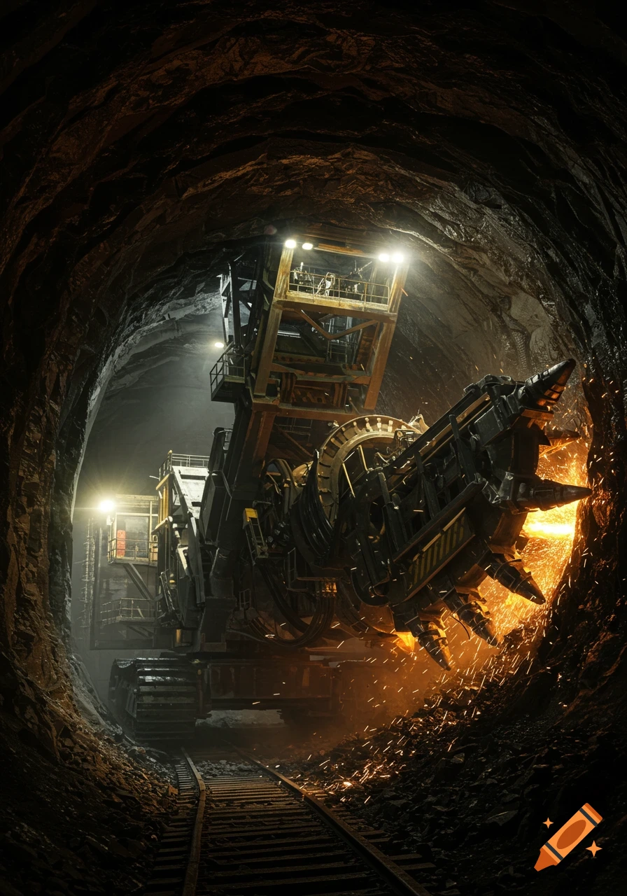 A large continuous miner machine inside a dark tunnel, cutting into ...