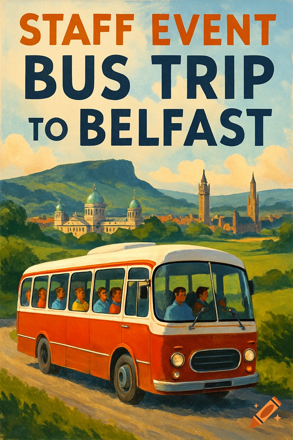 Vintage illustration poster for a staff event bus trip to Belfast ...
