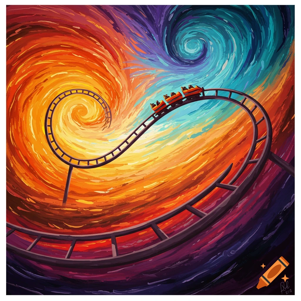 Abstract painting of a roller coaster train on a track against a ...