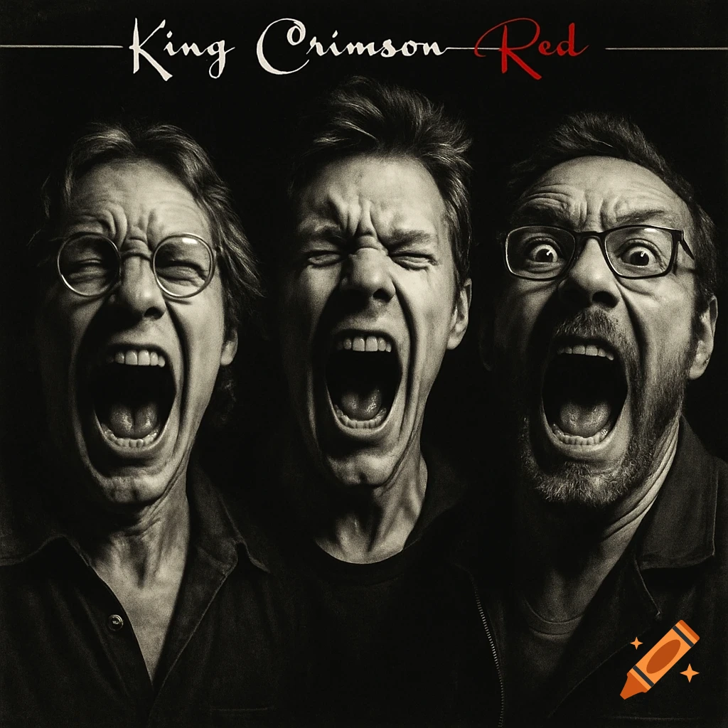 Three men screaming on a black and white album cover with red text on ...