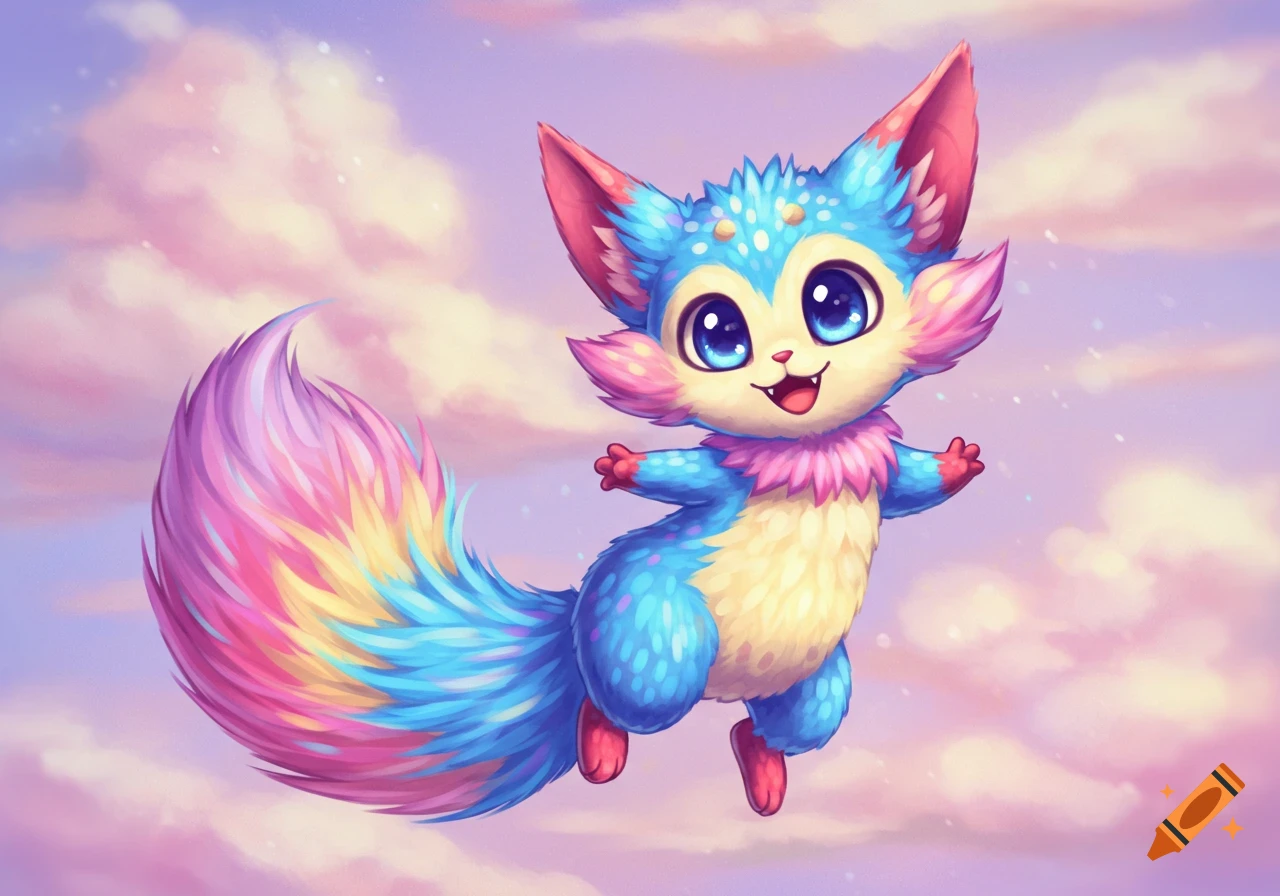 A fluffy, colorful fantasy creature with big eyes flying in a cloudy ...