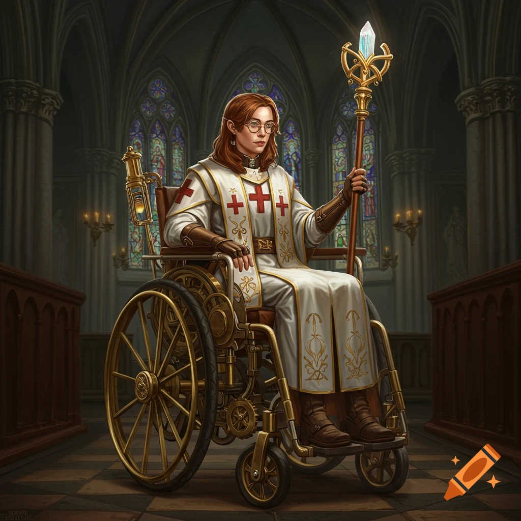 A human cleric in a steampunk wheelchair sits in a detailed church ...