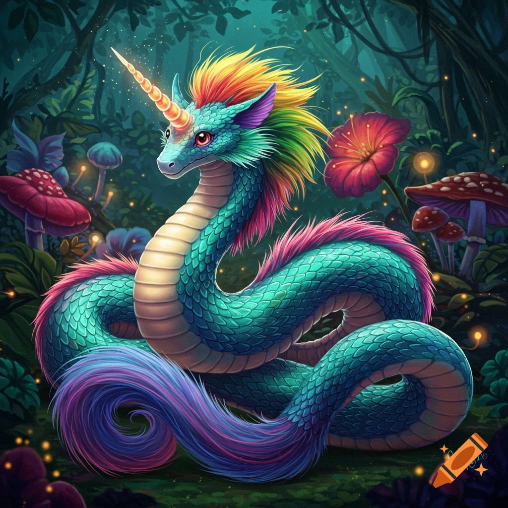 Colorful unicorn-snake fantasy creature in a magical forest setting. on Craiyon