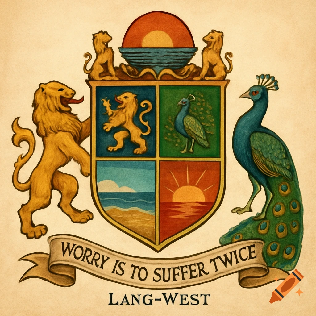 Illustrated family crest with lions, peacocks, a shield depicting ...