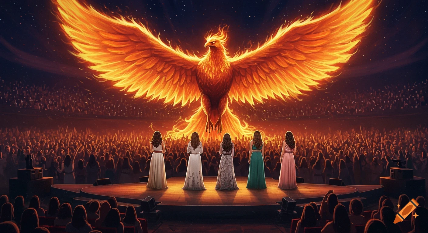 A giant fiery phoenix hovers above a stage where five women stand ...