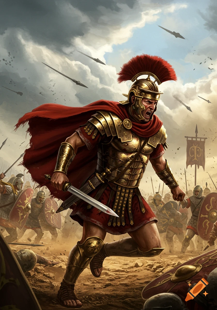 Roman general runs forward with sword drawn, leading troops in battle ...
