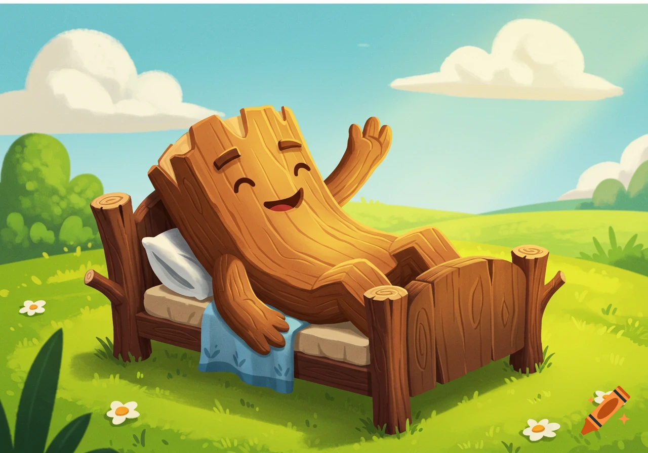 Cartoon illustration of a happy log character lying in a wooden bed in ...