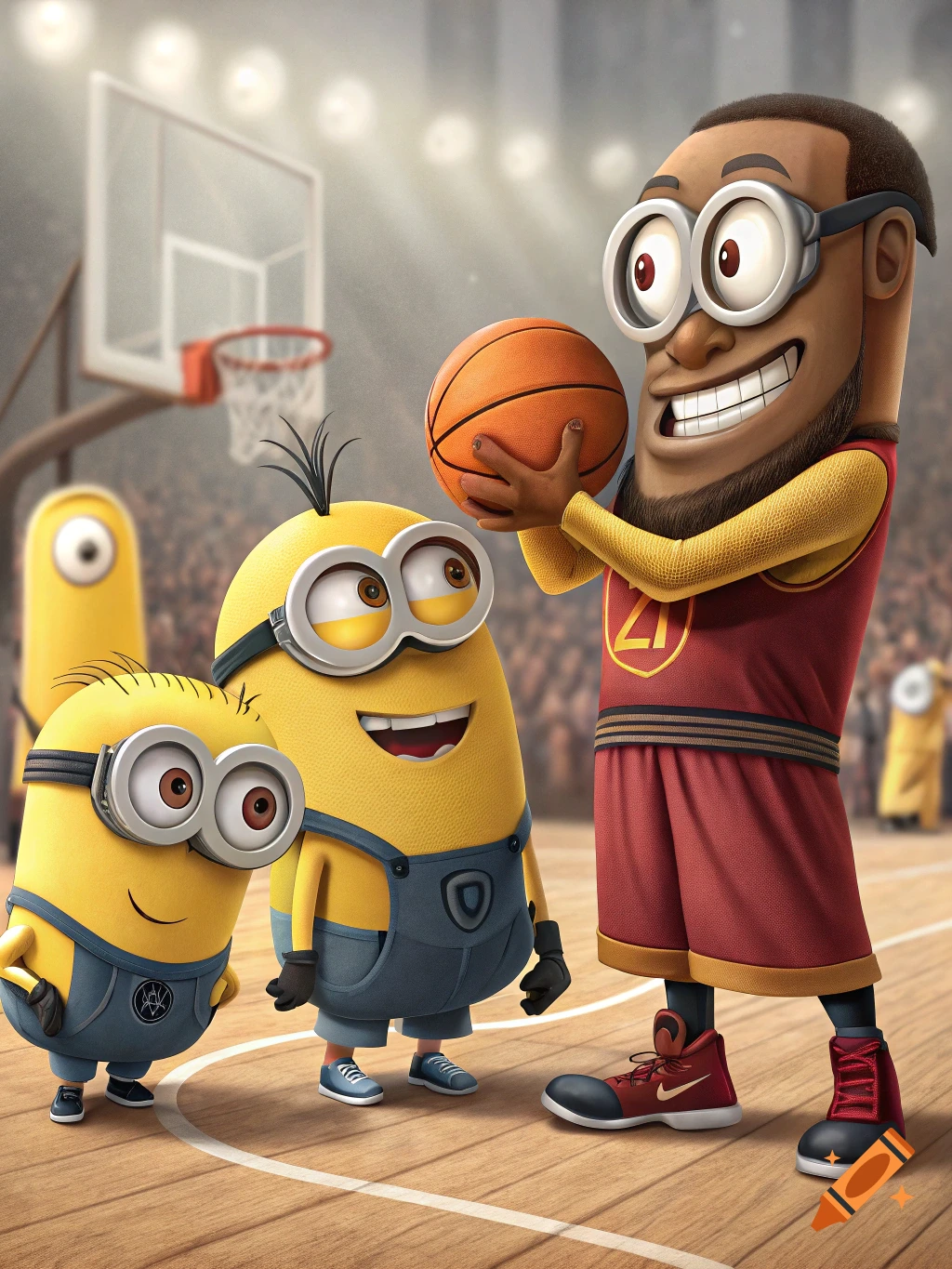Cartoon Minions and Lebron James playing basketball on a court. on Craiyon