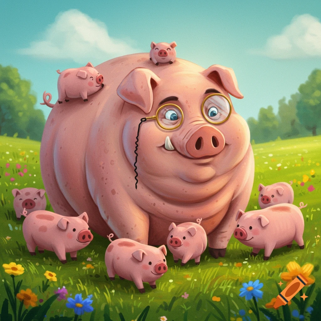 A large cartoon pig wearing a monocle stands in a field with many ...