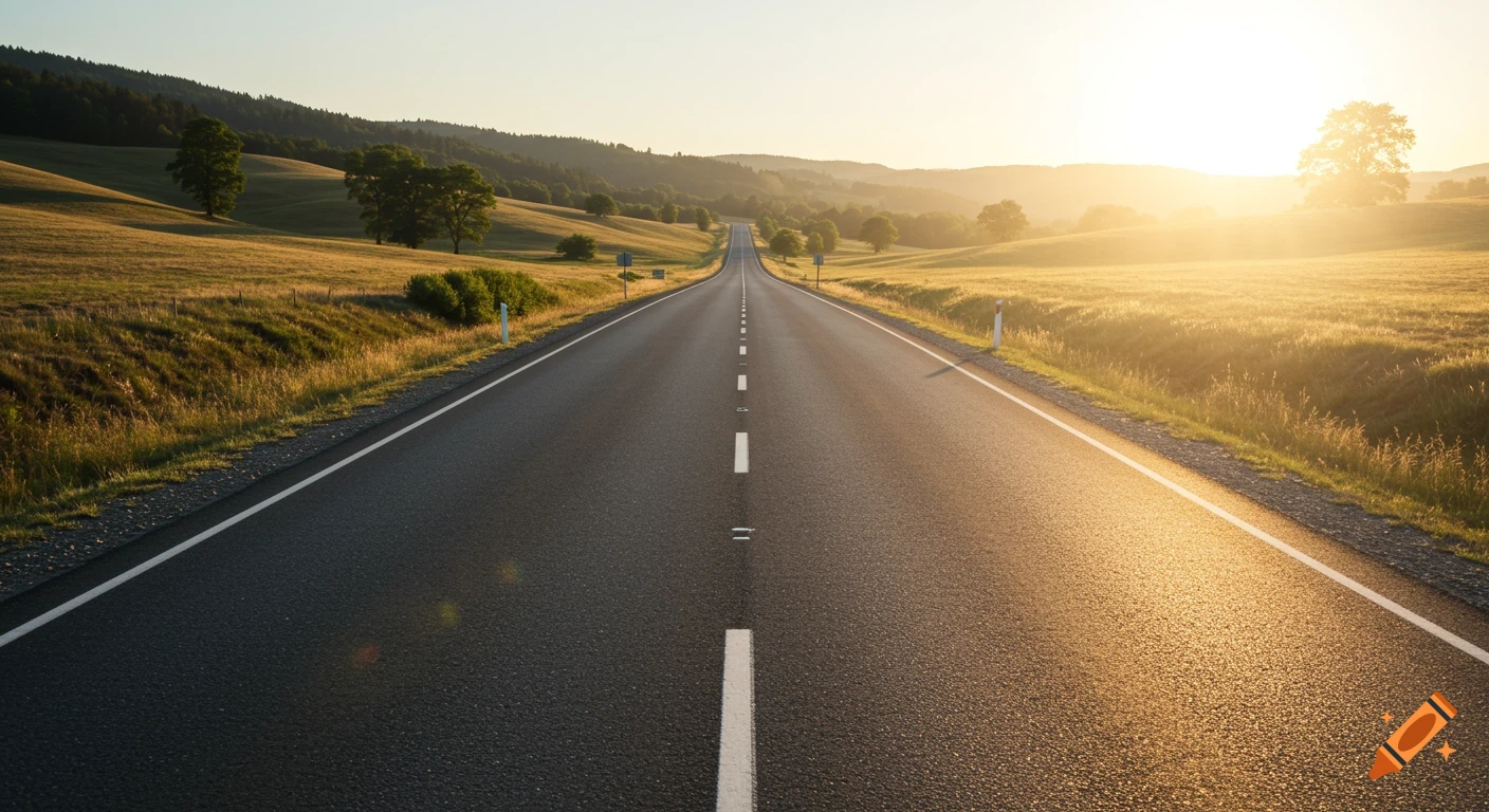 A long road winds through sunlit rolling hills and fields. on Craiyon