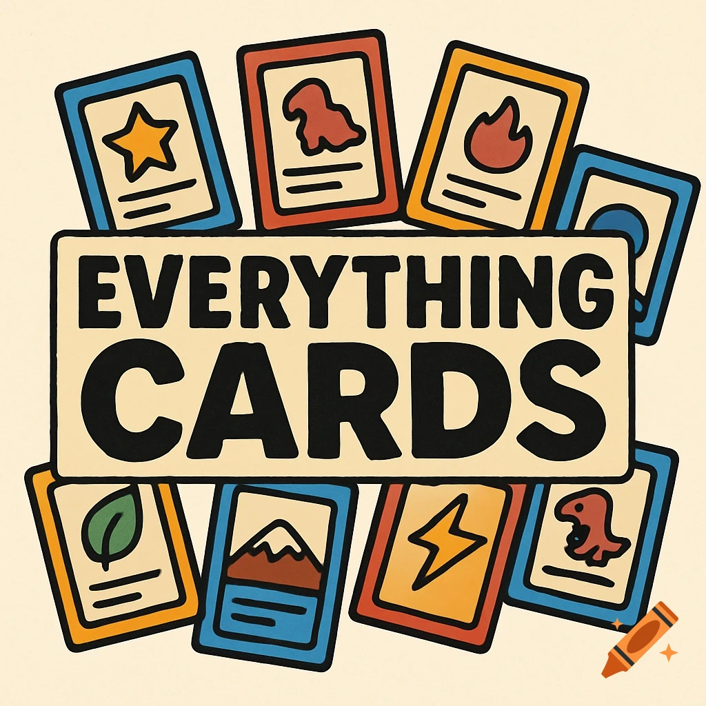 Logo with text 'EVERYTHING CARDS' surrounded by scattered illustrated ...