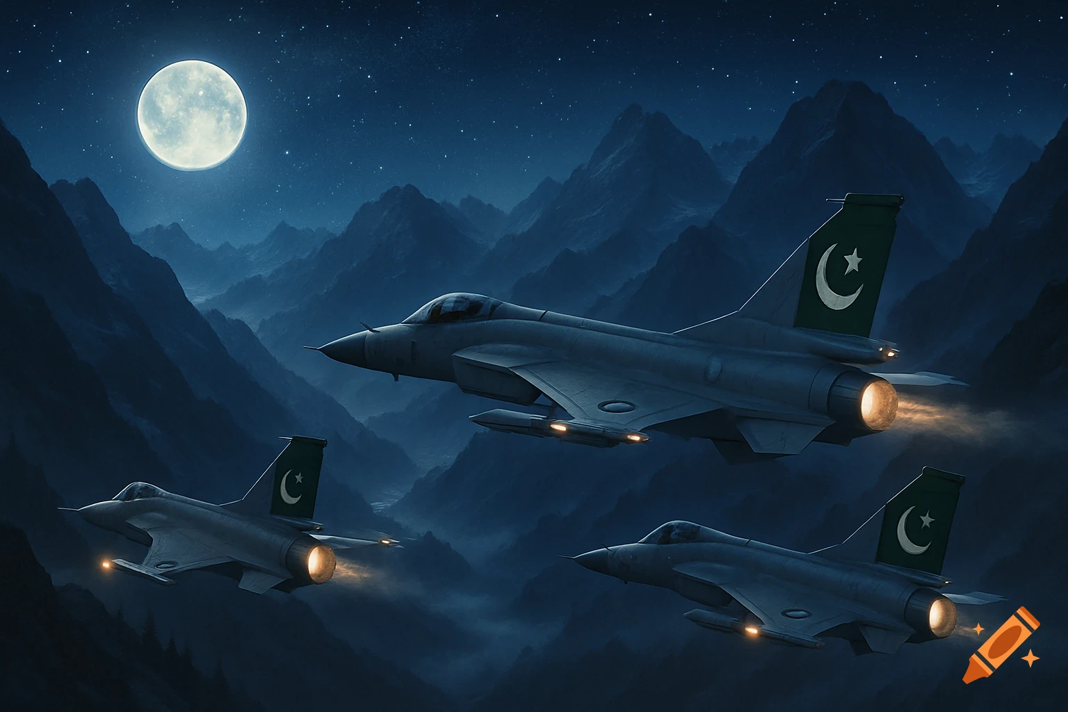 Three Pakistani fighter jets fly over dark mountains under a full moon ...