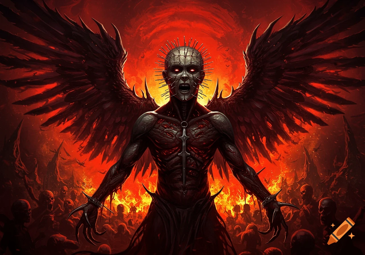 A dark fantasy illustration of a demonic figure with wings and pins in ...