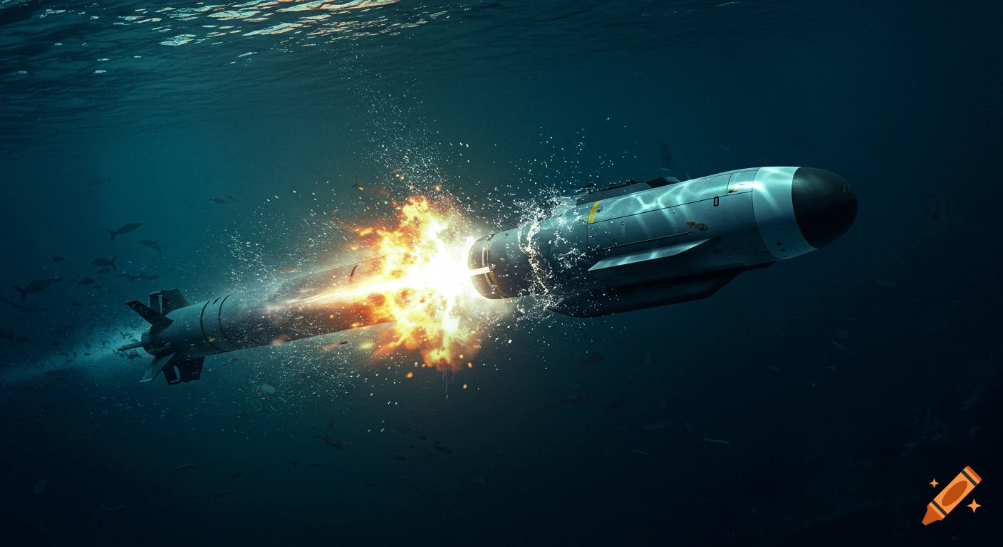 Underwater scene of a torpedo striking an unmanned underwater vehicle ...