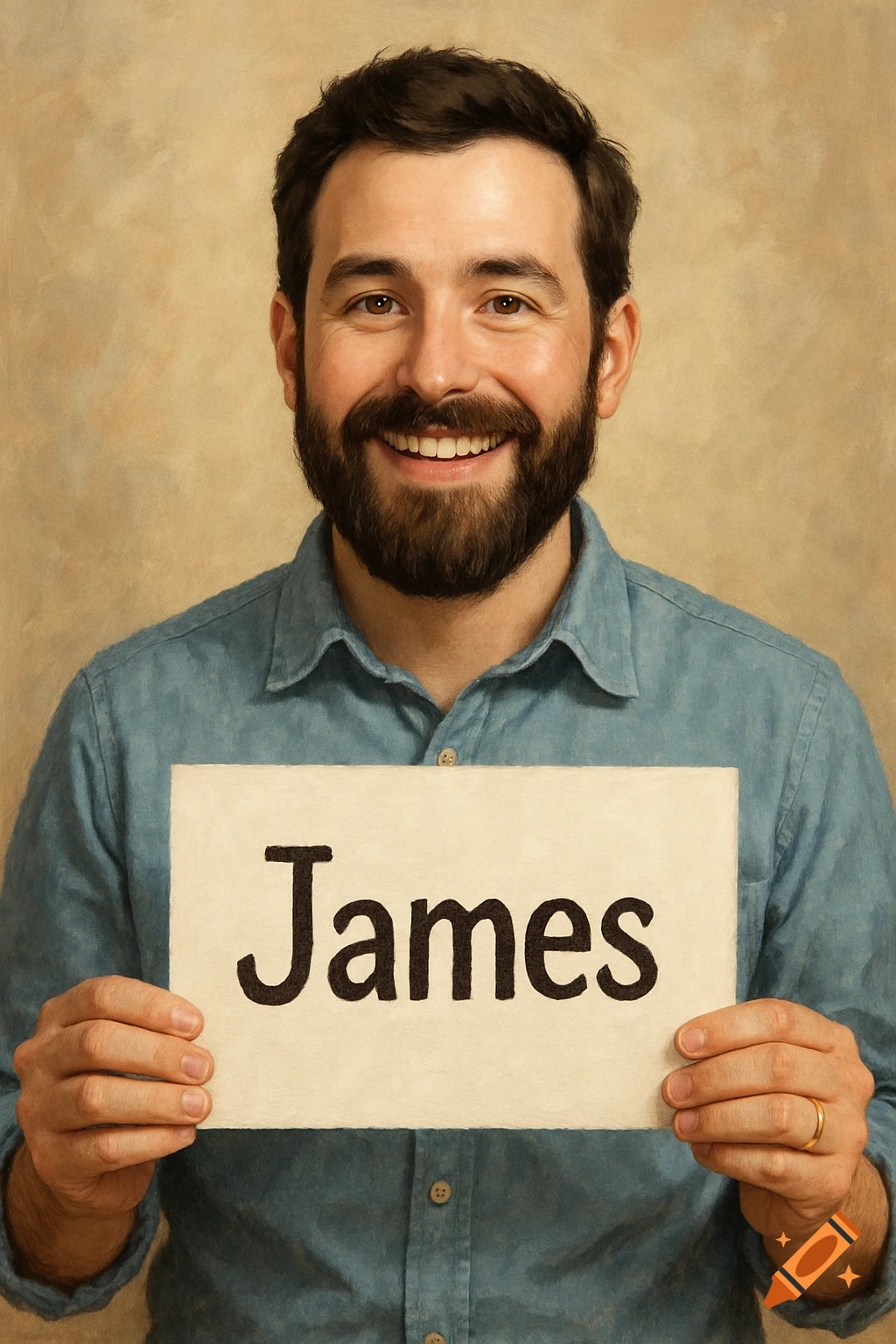 A smiling man with a beard holds a sign saying 'James'. on Craiyon
