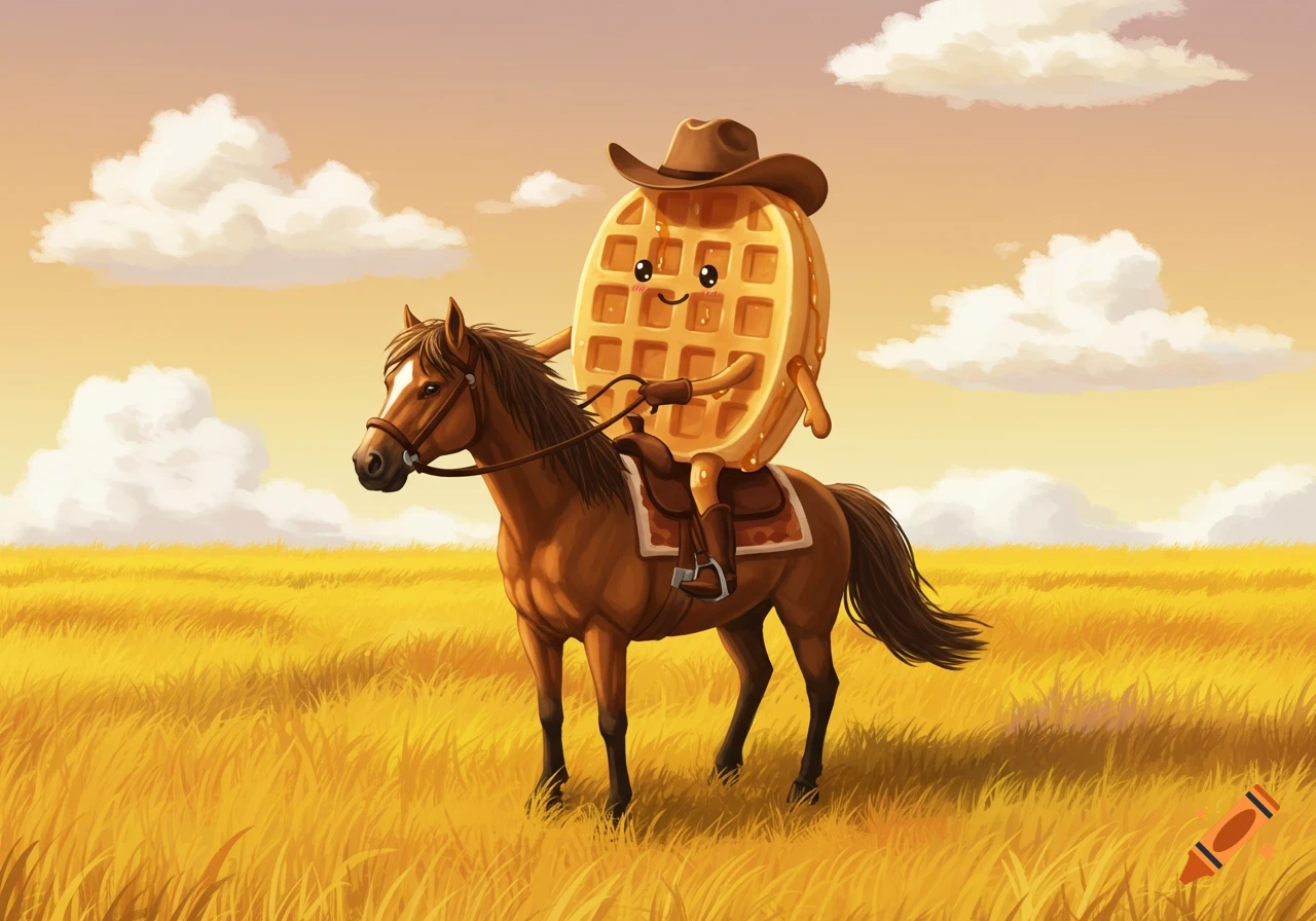 A cartoon waffle with a cowboy hat rides a horse through a golden field ...