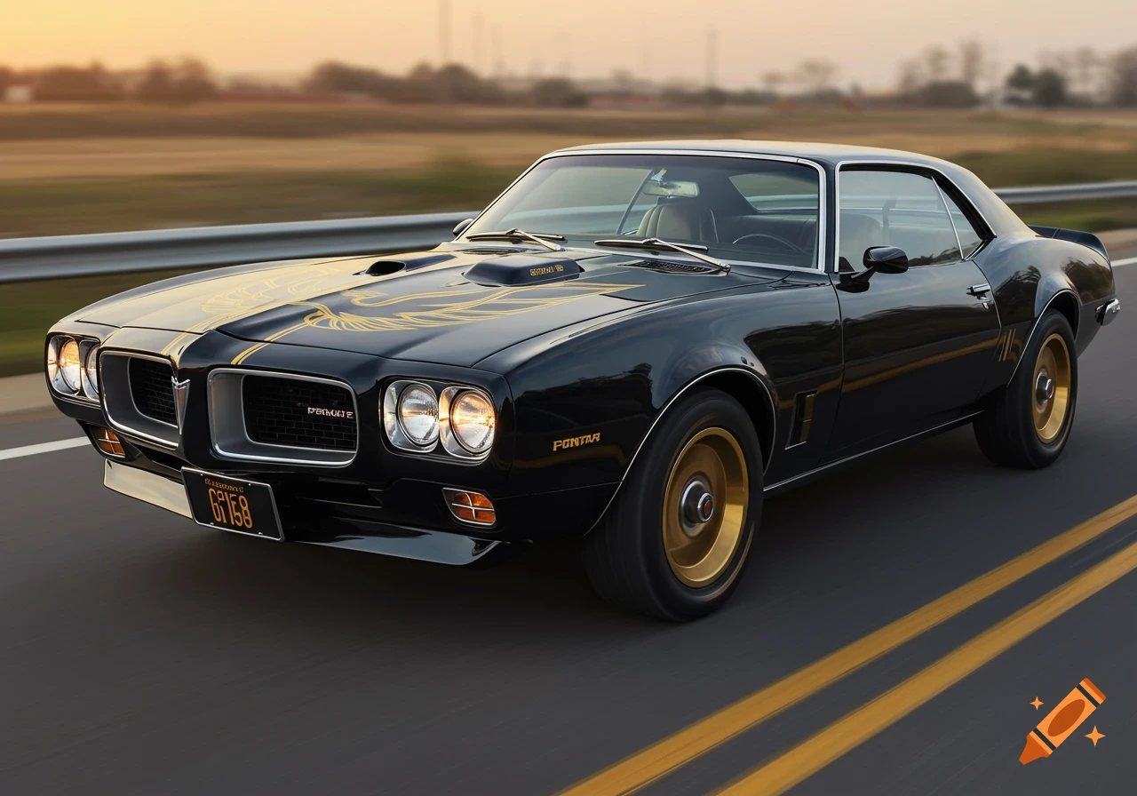 Black Pontiac Trans Am muscle car driving on a road at sunset. on Craiyon