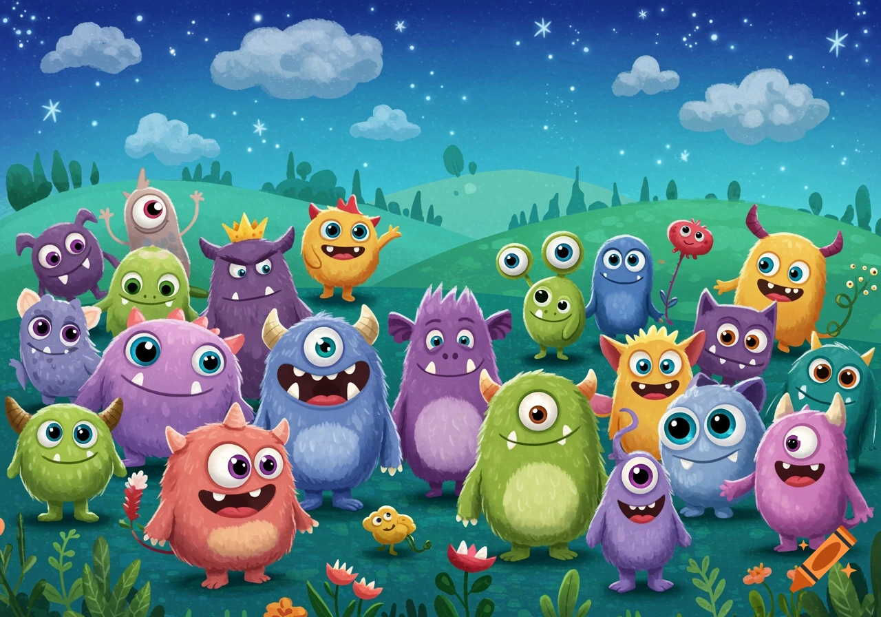 A group of colorful cartoon monsters on a grassy hill under a starry night sky. Illustration ...