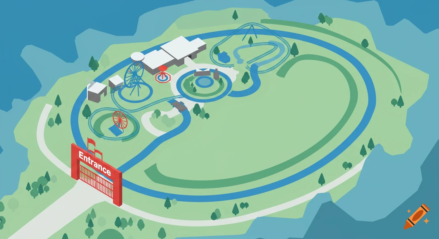 Isometric illustration of a simple theme park layout map with entrance ...
