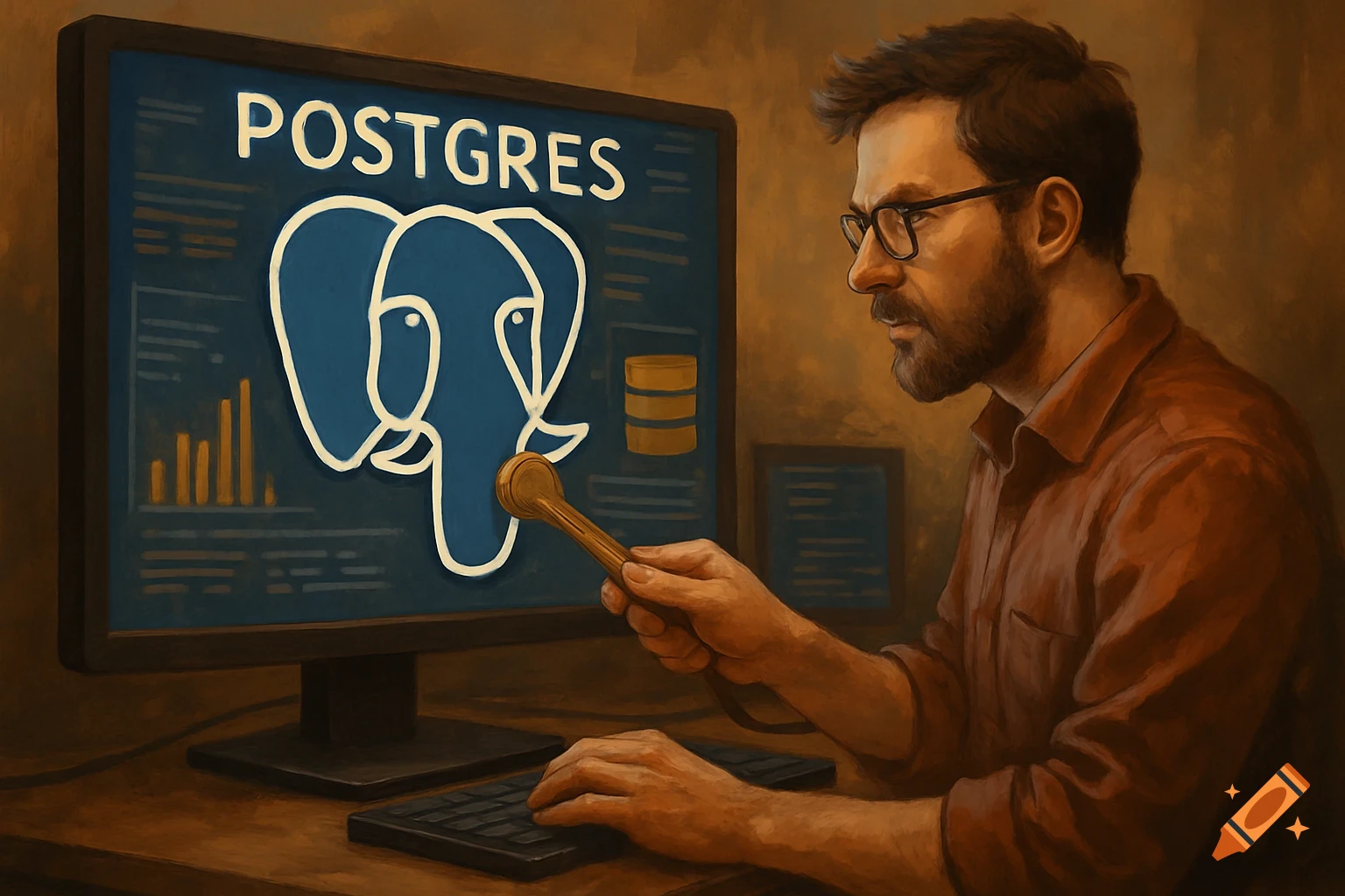 Illustration of a man looking at a computer screen displaying the POSTGRES logo and data. on Craiyon