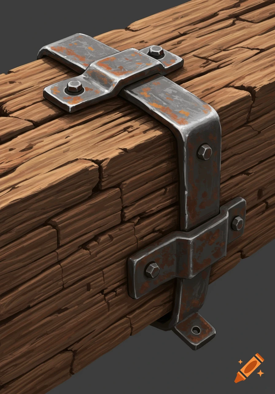 Close-up of splintered wood bound by rusty metal brackets and bolts. on ...