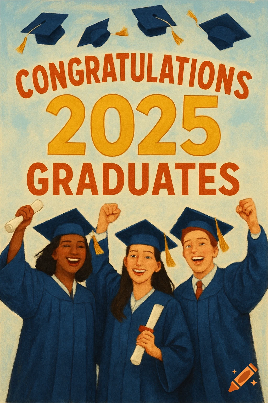 Illustration of three celebrating graduates in blue caps and gowns ...