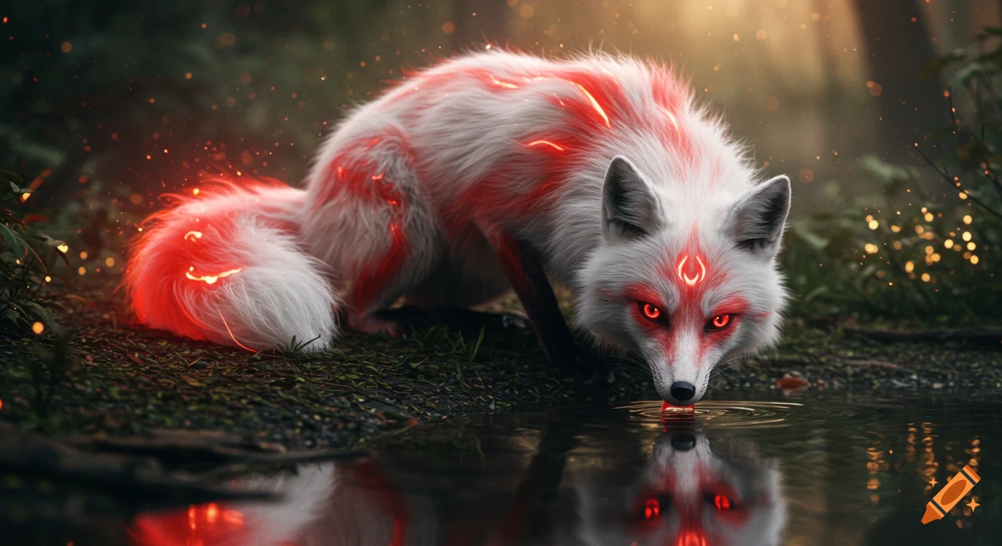 A mythical white fox with glowing red eyes and markings drinks from a ...