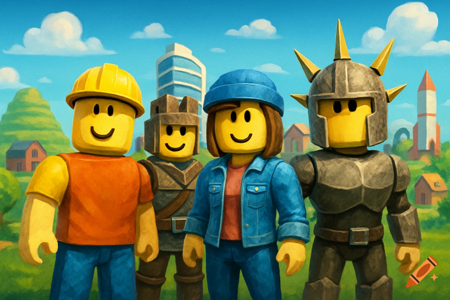 Four Roblox characters, including a construction worker and a knight ...