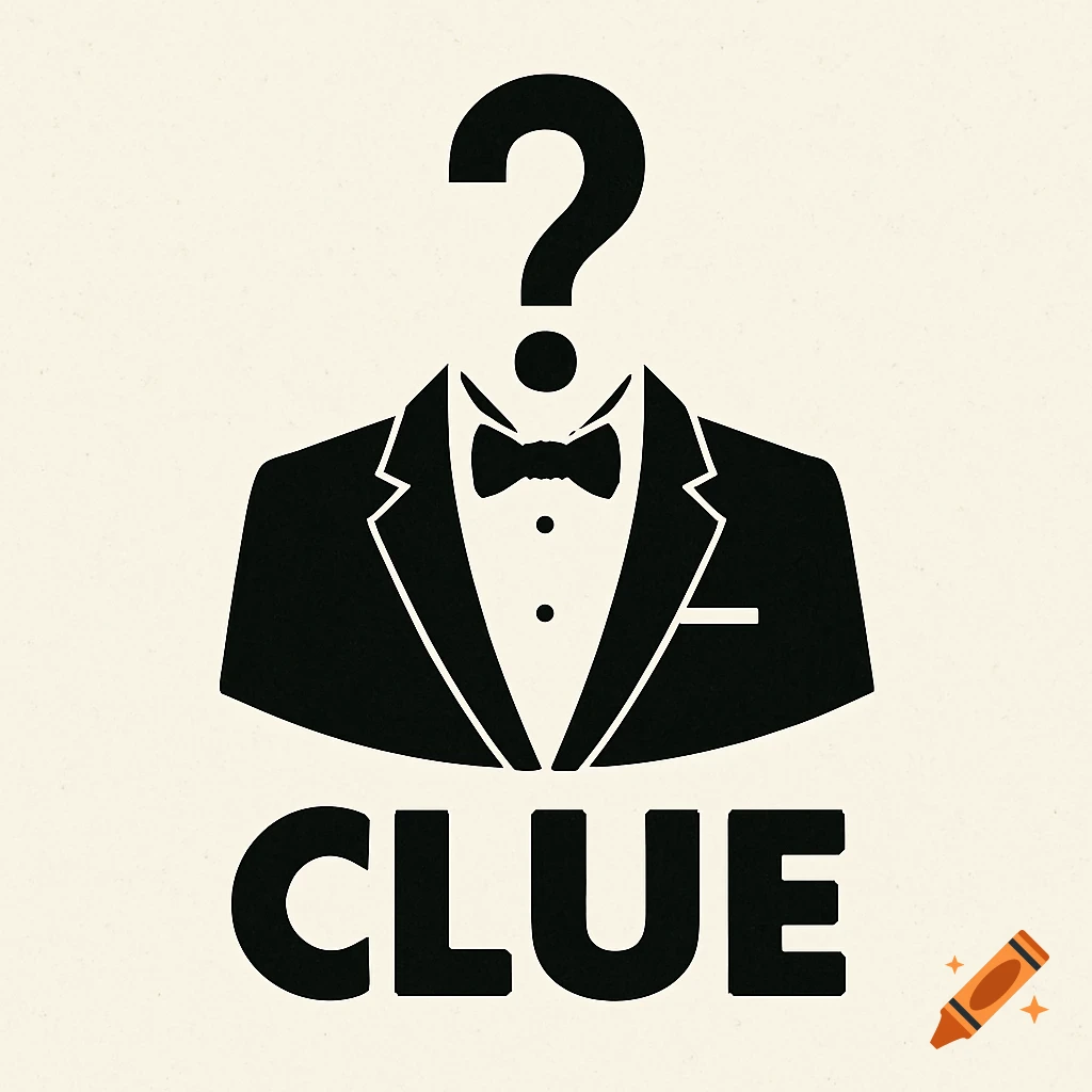A graphic logo for Clue featuring a suit silhouette with a question ...