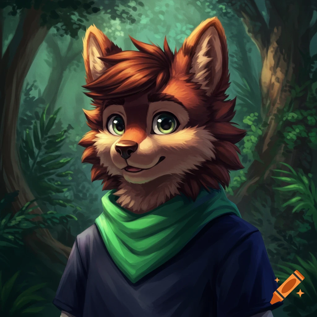 A furry fox character with green eyes and a green scarf stands in a ...