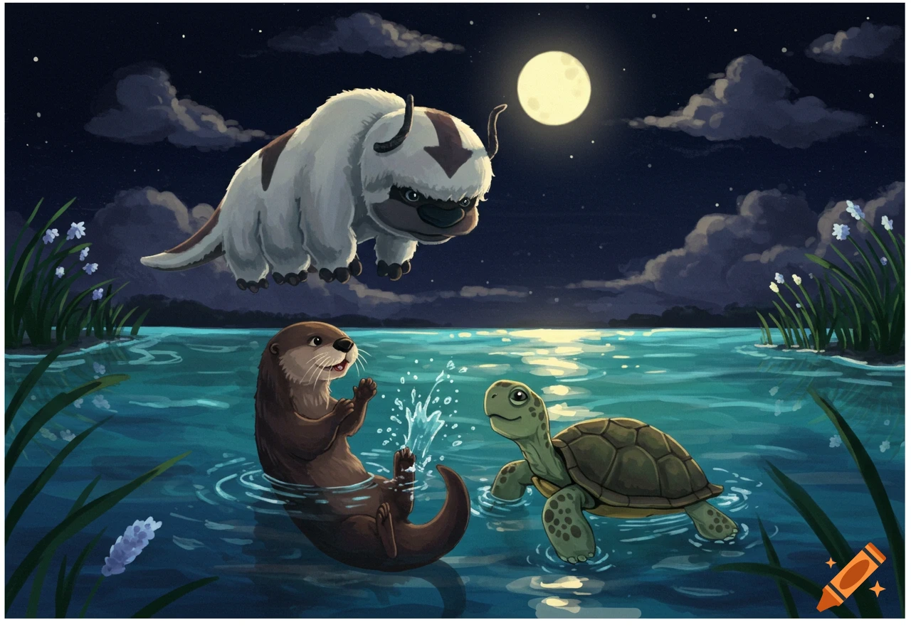 Appa flies over an otter and turtle playing in water at night under a ...