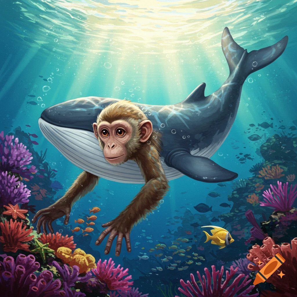 A monkey with a whale tail swims through a colorful coral reef ...