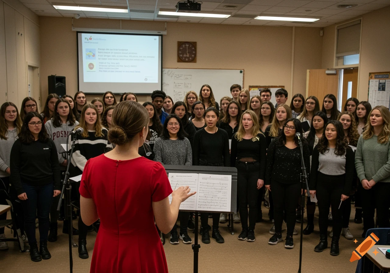 A choir teacher in a red dress stands with her back to the camera ...