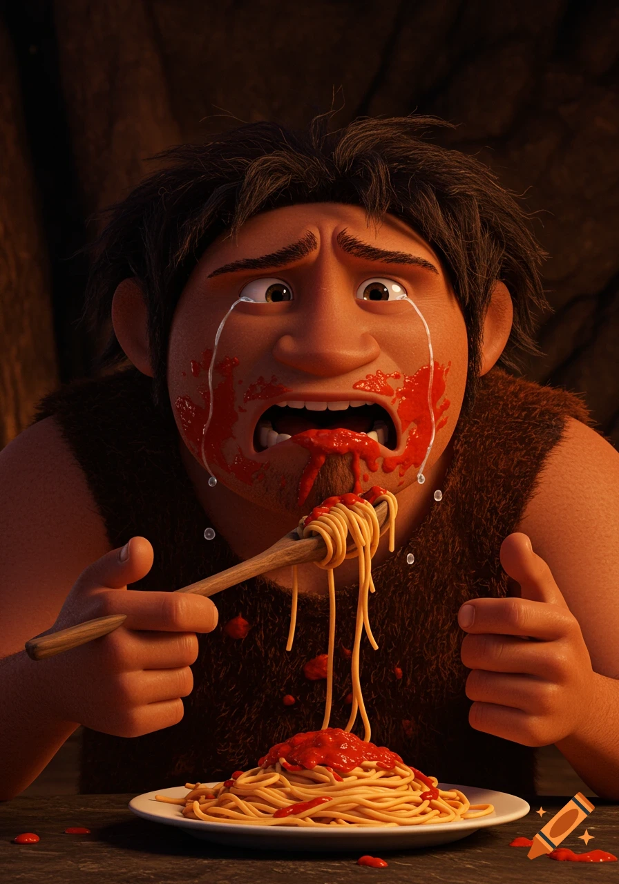 Cartoon character, Grug from The Croods, crying while eating a plate of ...