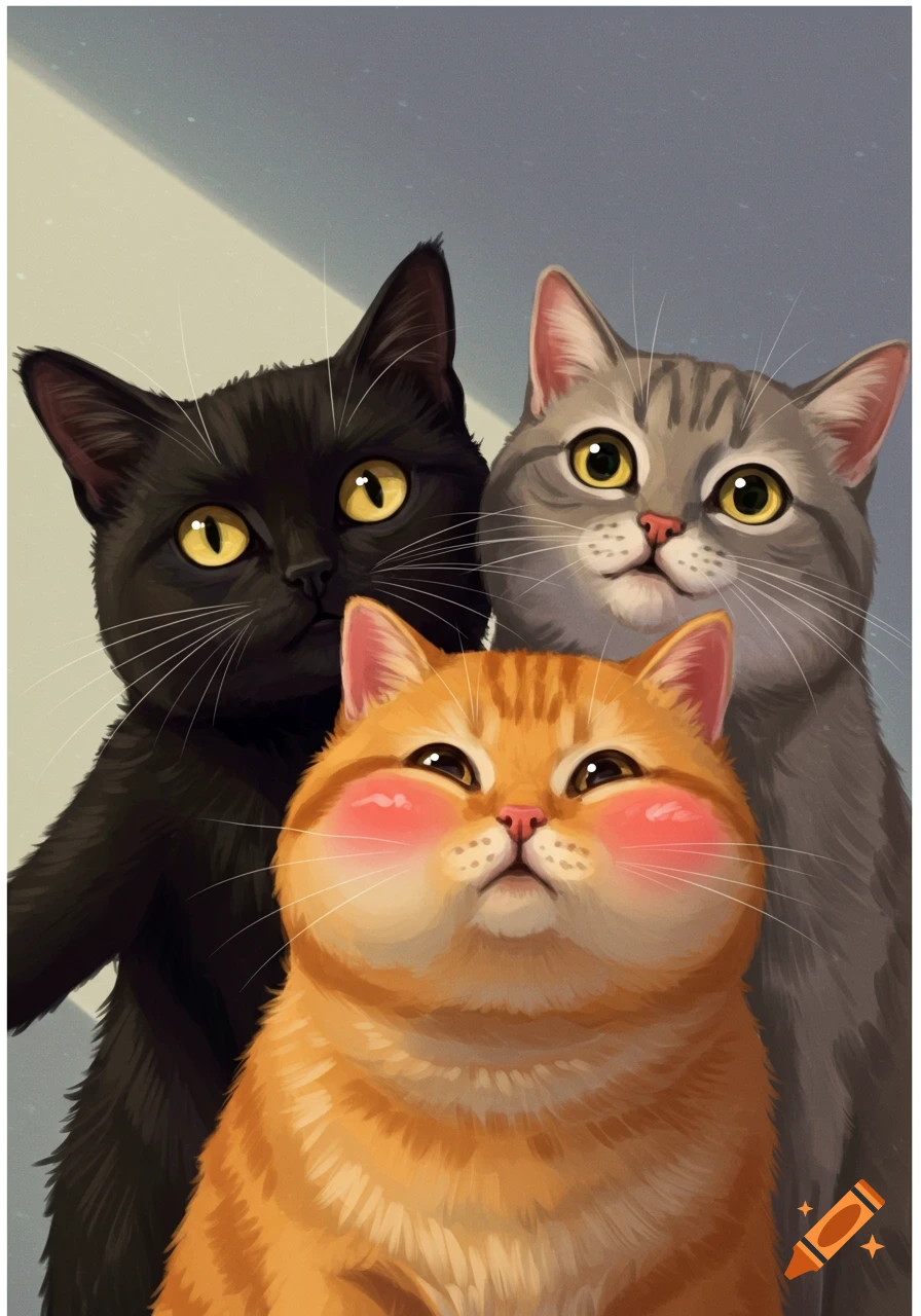 Close-up illustration of three cats looking forward: a black cat, an ...