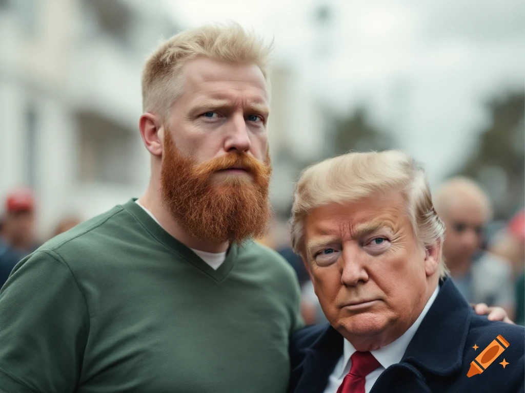 A man with a red beard stands next to Donald Trump. on Craiyon