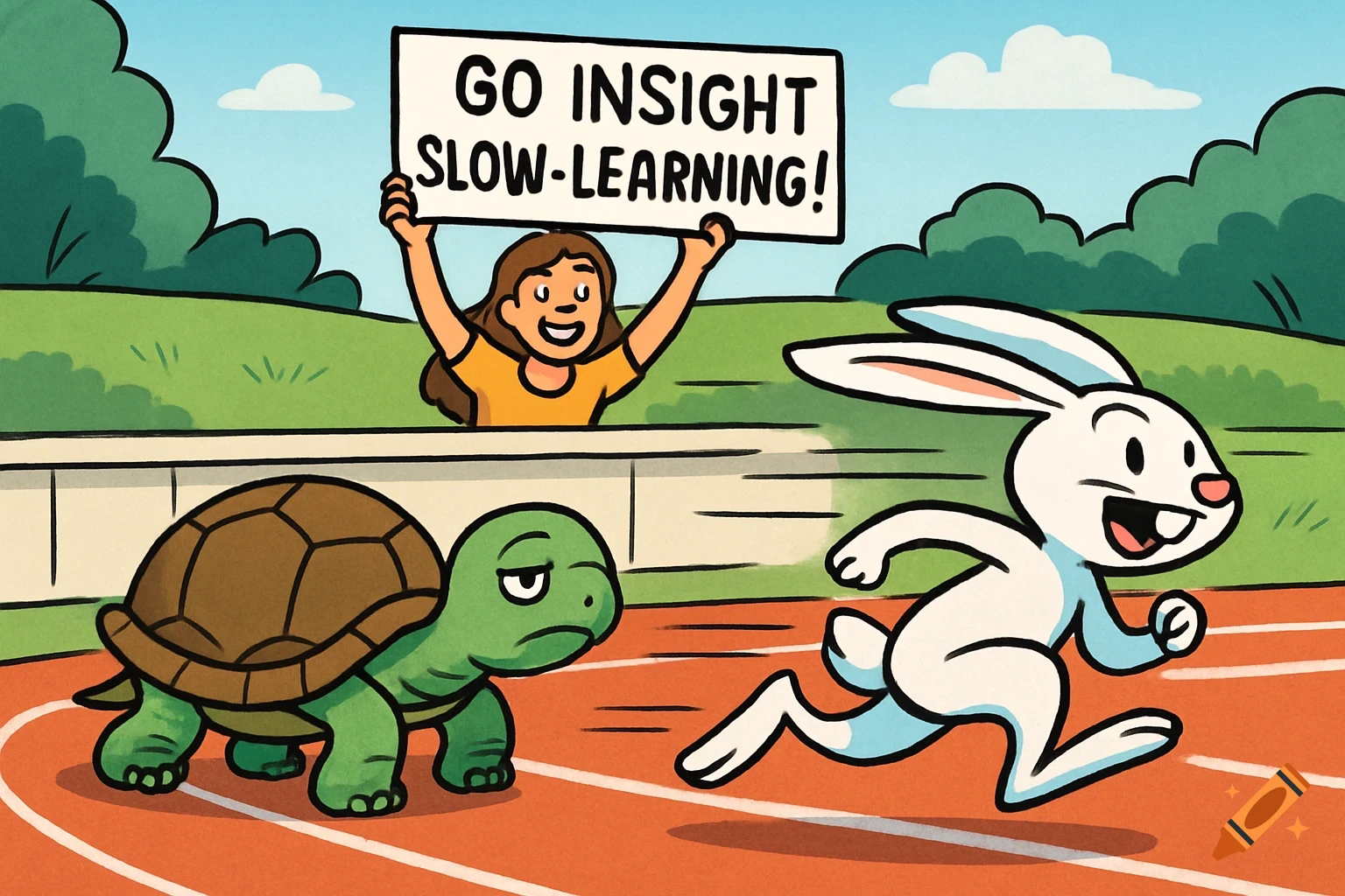 Cartoon race between a sad turtle and a fast rabbit on a track, with a ...