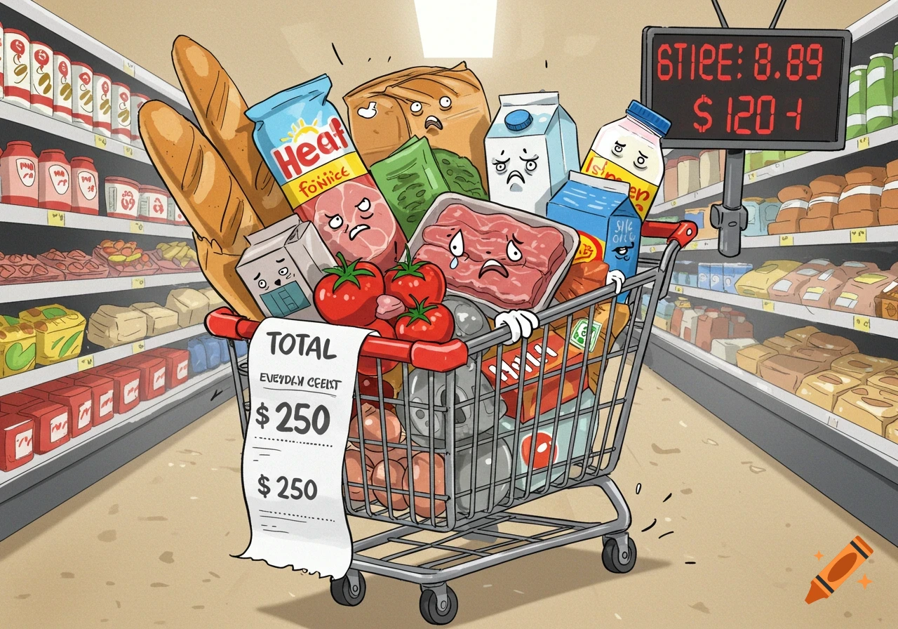 Political cartoon of a shopping cart full of sad-faced groceries, with ...