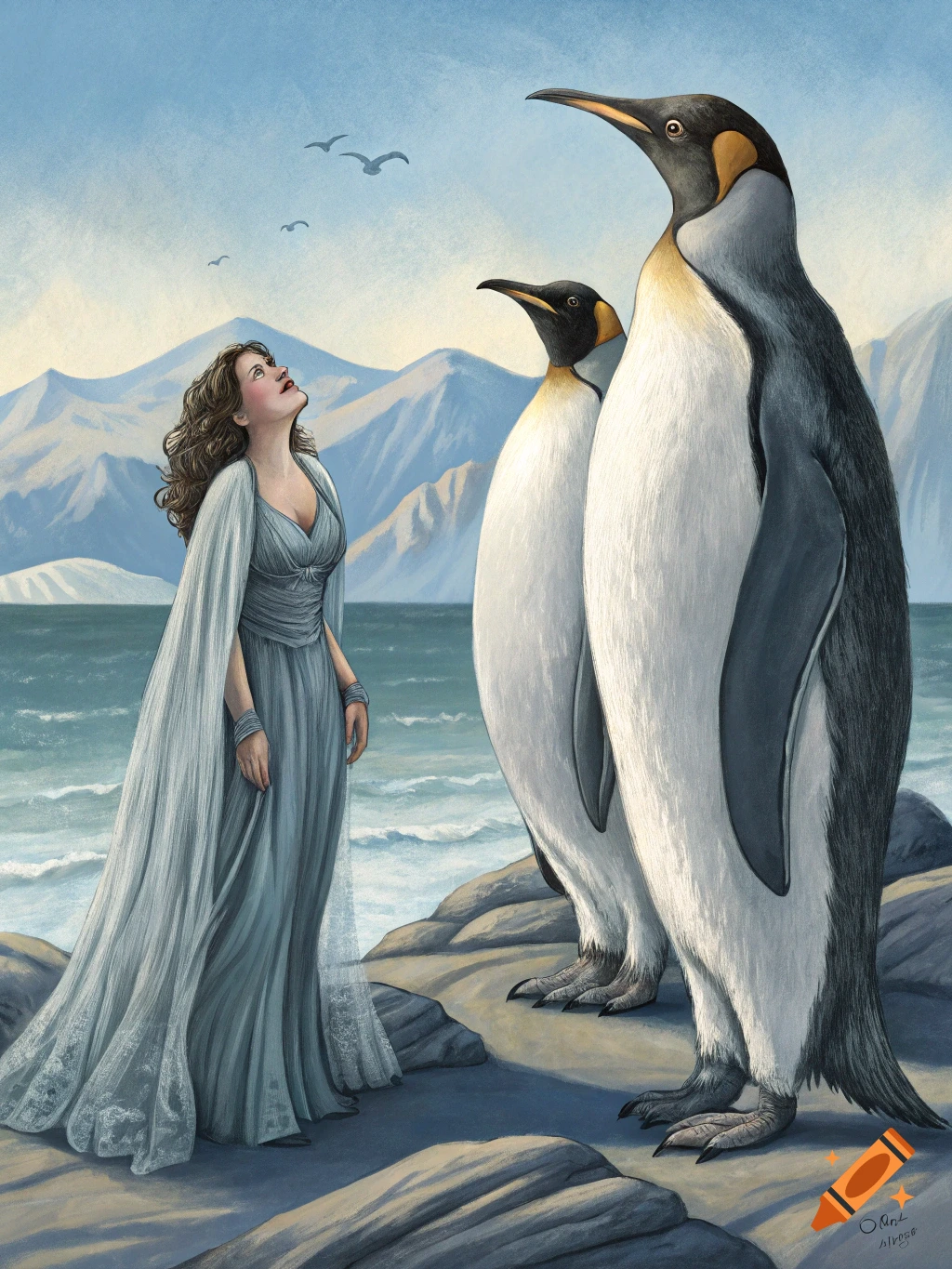 A woman in a flowing dress looks up at two giant penguins on a rocky ...