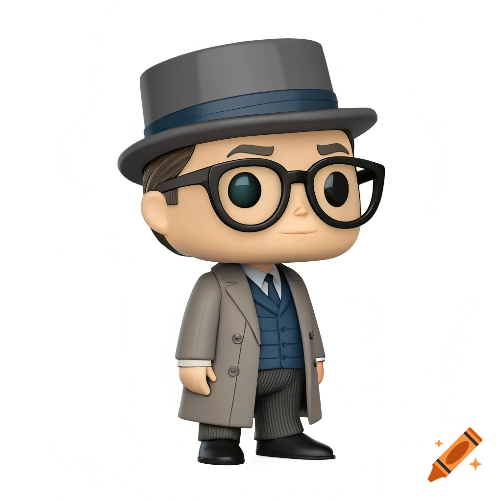 A Funko Pop figure of a man wearing a grey top hat, glasses, grey coat ...
