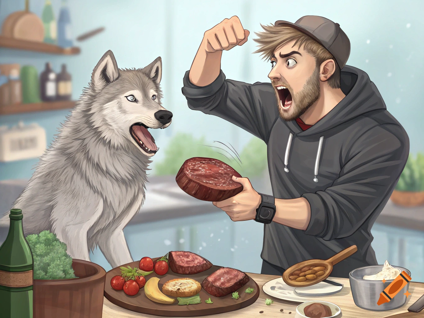 Man holds a slice of meat up to a hungry-looking wolf in a kitchen ...