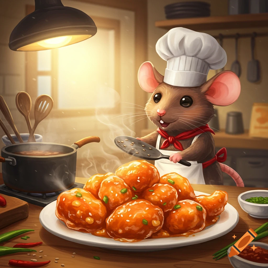 A cute cartoon rat chef in a kitchen, holding a spatula over a large ...