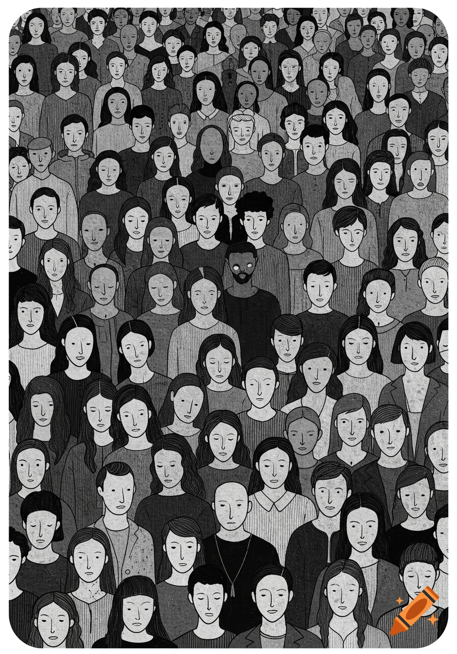 A black and white minimalistic illustration showing a large crowd of ...