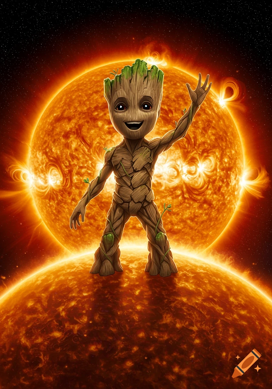 Baby Groot stands on a planet with a large bright sun behind him ...